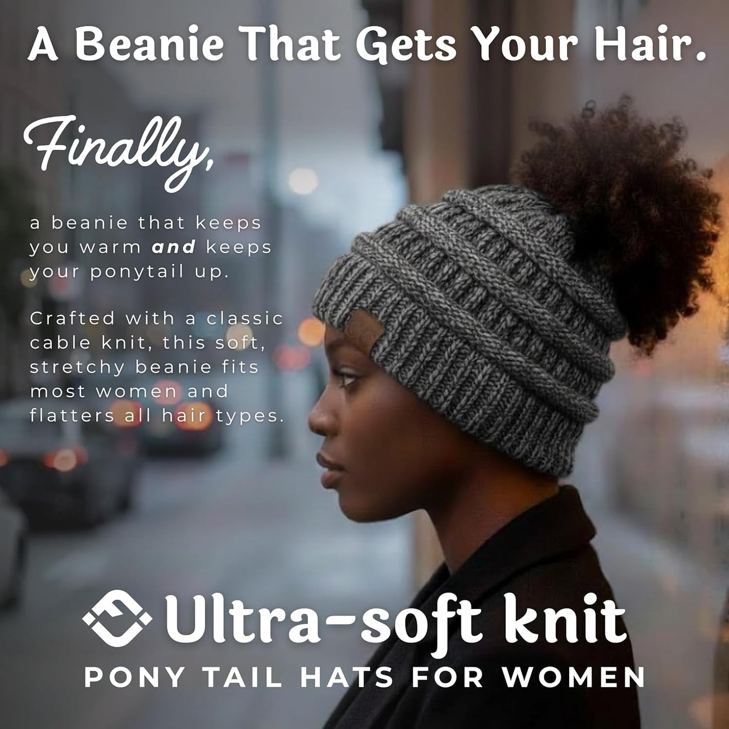 Ponytail Beanie for Women - Winter Ponyback Hat Soft Stretch Cable Kni ...